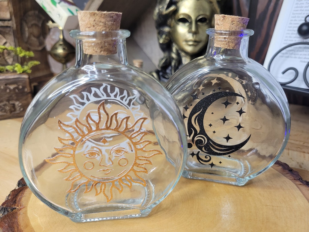 Moon and Sun Glass Bottle, Witchy Moon Jar With Cork, Glass Moon ...