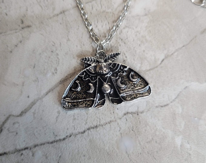 Moon Phase Moth Pendant Necklace, Gothic Jewelry, Antique Silver ...