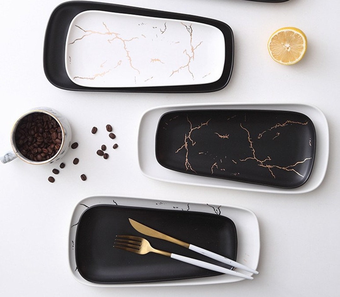 Limited Edition Designer Long Marble Black and White Kintsugi Serving ...