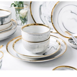 Modern Gold Rim Porcelain Faux Grey and White Marble Hand-painted ...