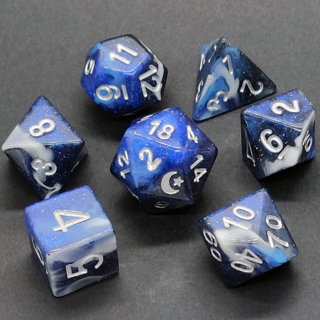 Elixer Blue, Black and White Glittery D&D Dice, Polyhedral Dice Set for ...