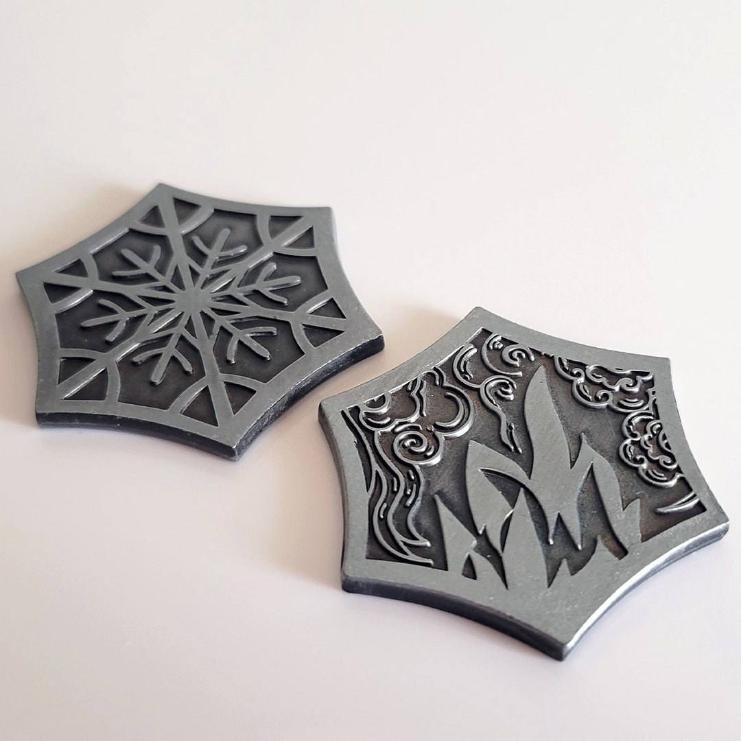 Solid Metal D2 Coin Featuring Fire and Ice | Aged Silver | Dicebound ...