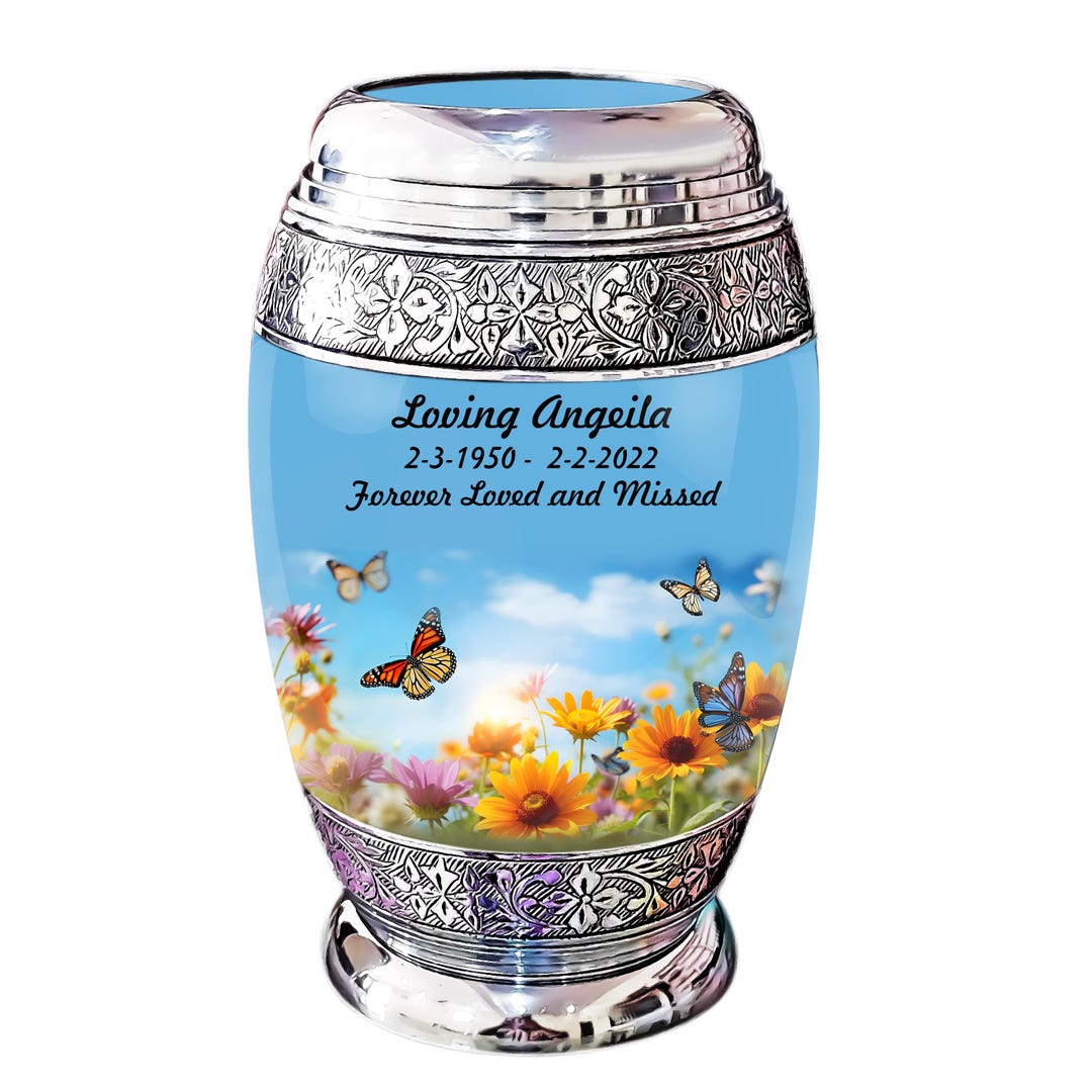 Butterflies Flying in Flowers Field Engrave Memories Cremation Urn for ...