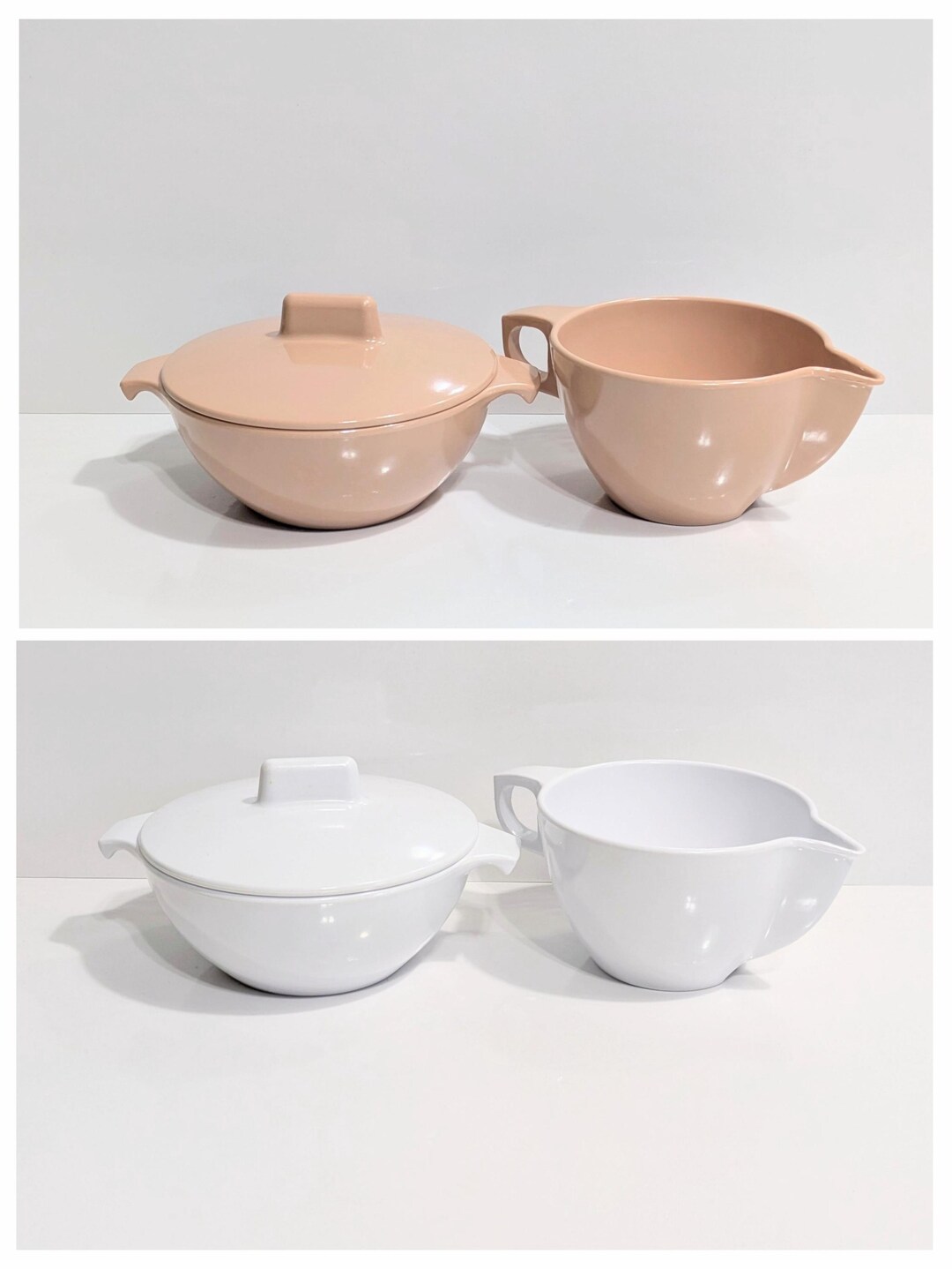 Sugar Bowl and Creamer Set, Melmac, 3 Piece, Peach Coloured, White ...