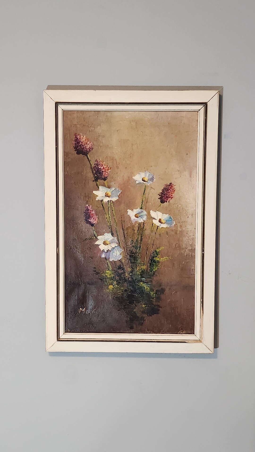 Oil Painting, Mock, Floral Wall Hanging, Daisies and Alliums, Vintage ...