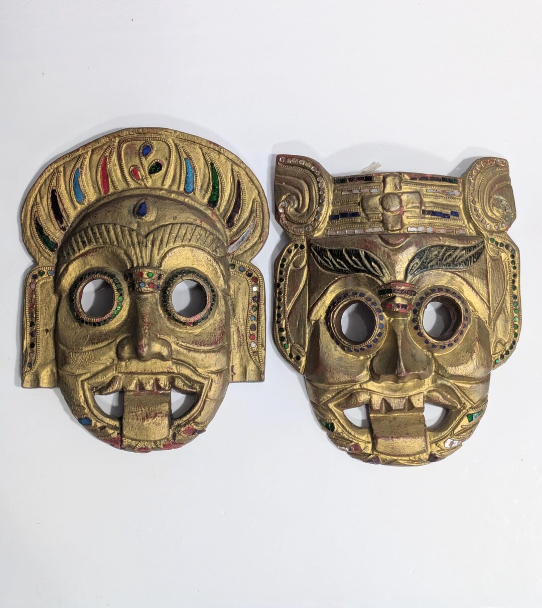 Decorative Wood Warrior Masks, Pair, Carved, Tribal, Thailand, Gold ...