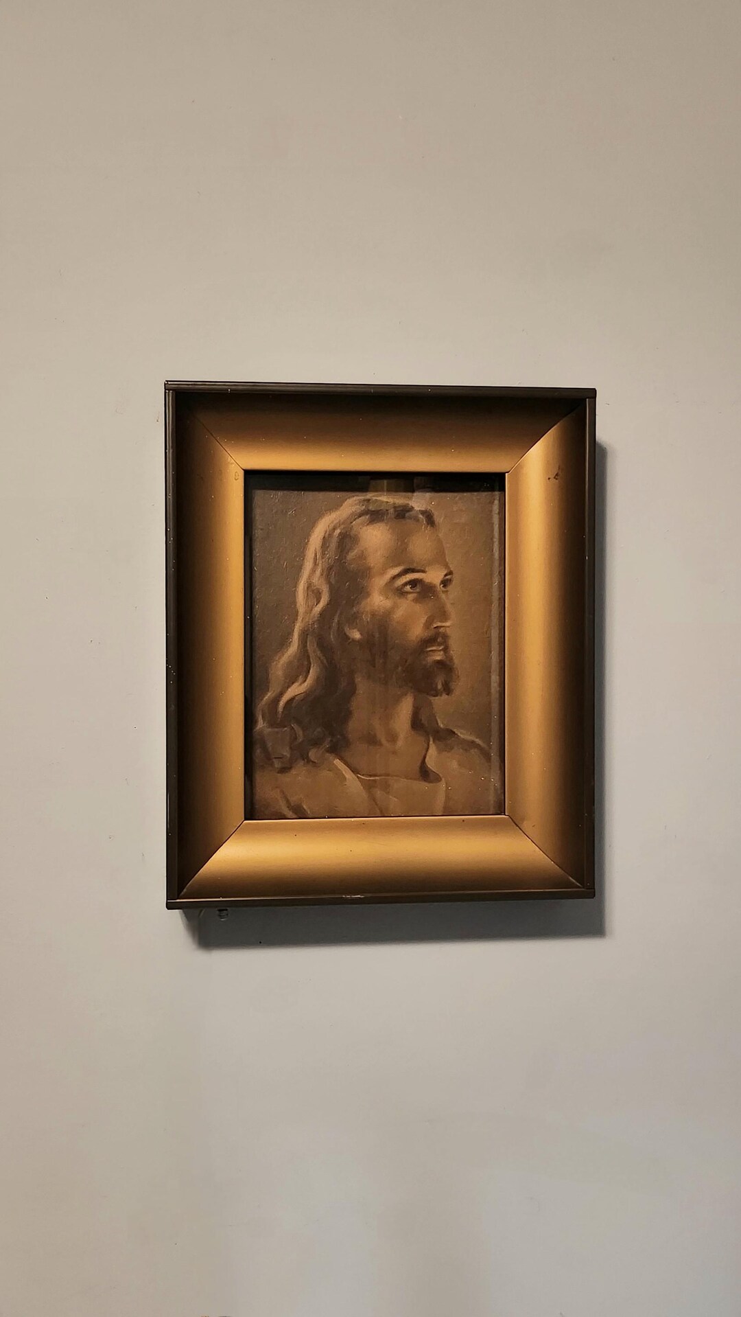 Lighted Shadowbox Jesus Picture, Metal Frame, Brown and Brass, Formed ...