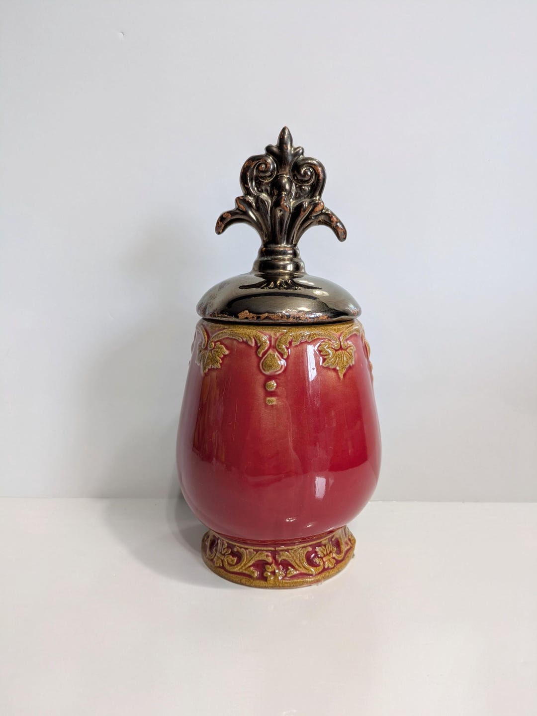 Red Ceramic Jar/canister With Bronze Lid, Bombay Company, Ornate Design ...