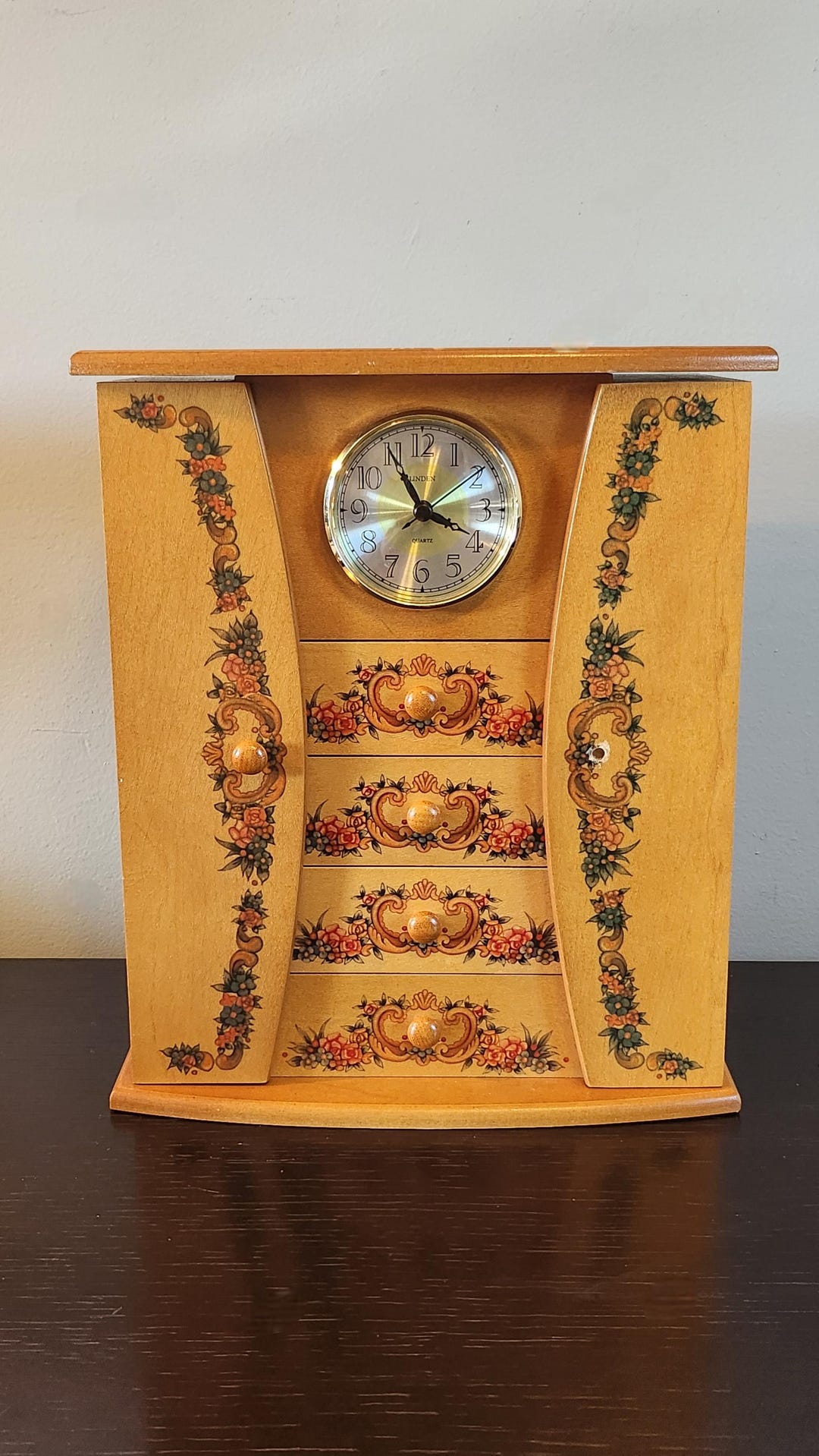 1970s Wooden Jewelry Box. Vintage, Musical Box, Clock, Made in Taiwan ...