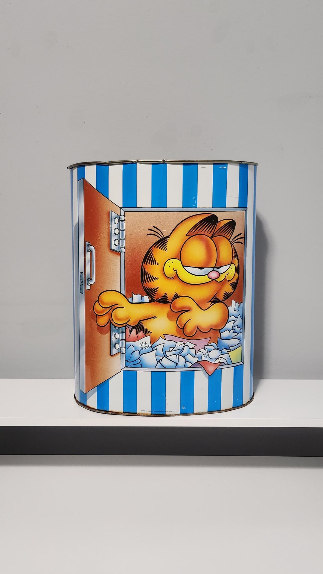 Garfield Garbage Can, Vintage, 1978, Jim Davis, Blue and White Stripes ...