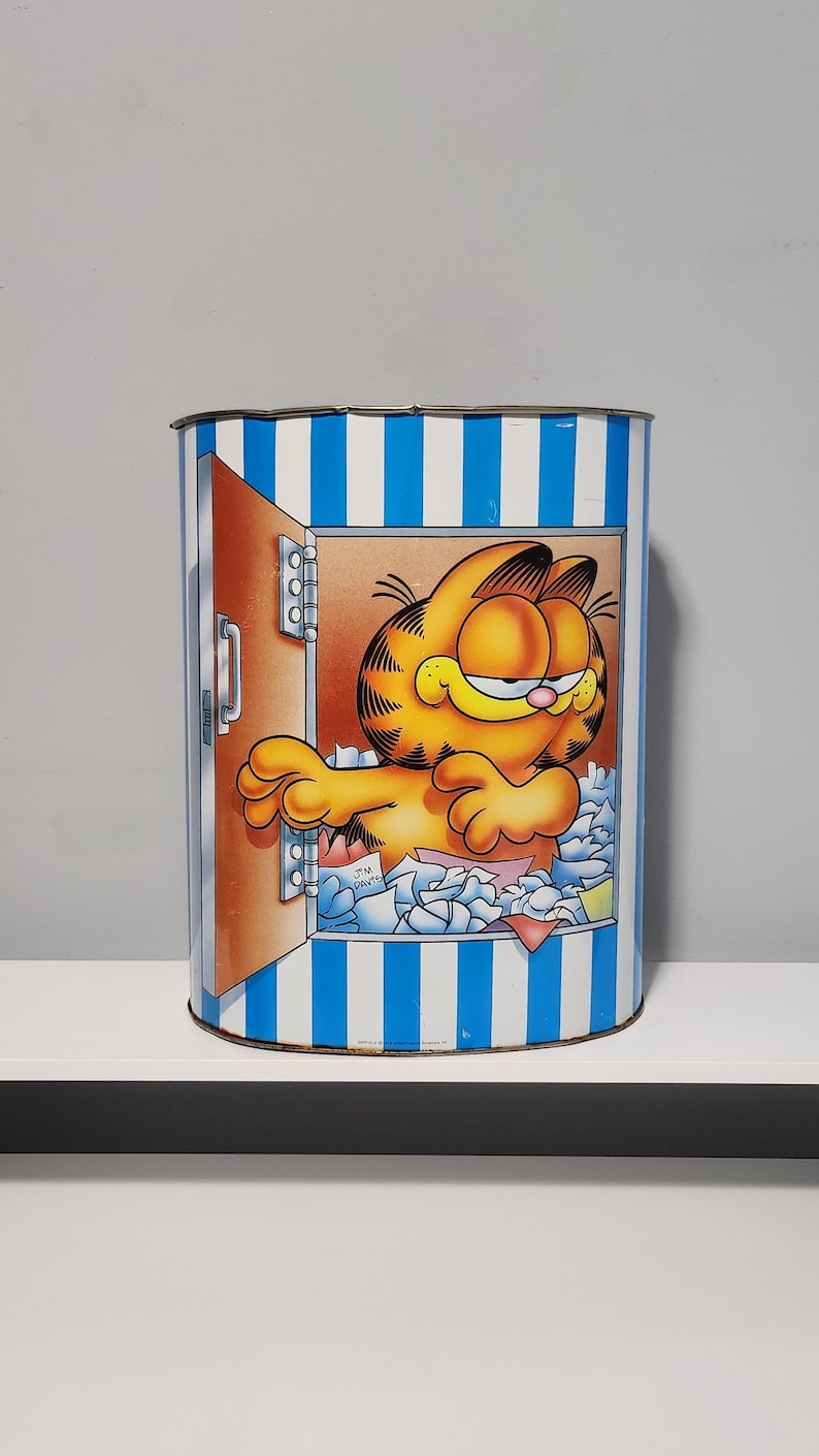 Garfield Garbage Can, Vintage, 1978, Jim Davis, Blue and White Stripes ...