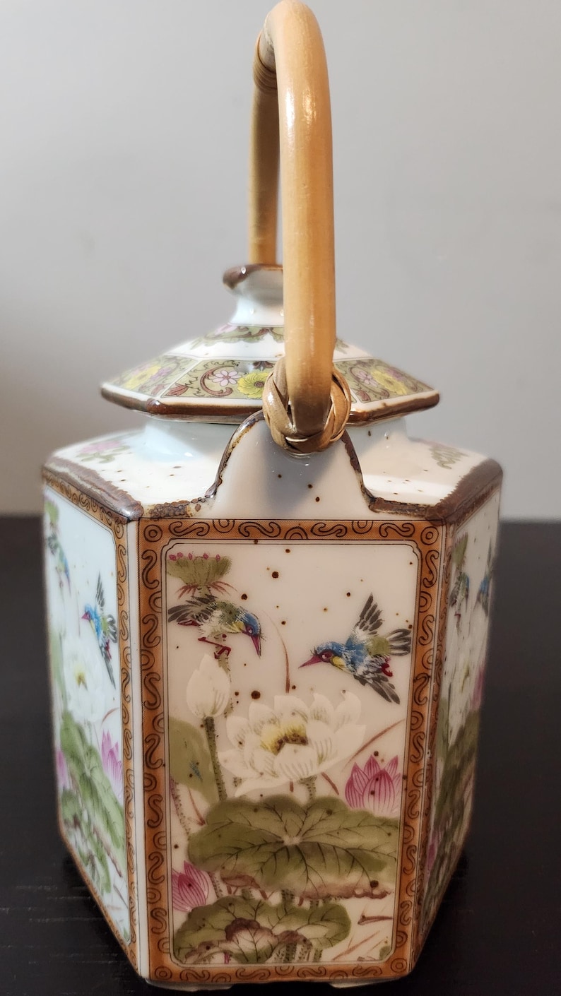 Porcelain Teapot Set. Vintage, 4 Pce, Hand-painted, Hummingbird & Lotus ...