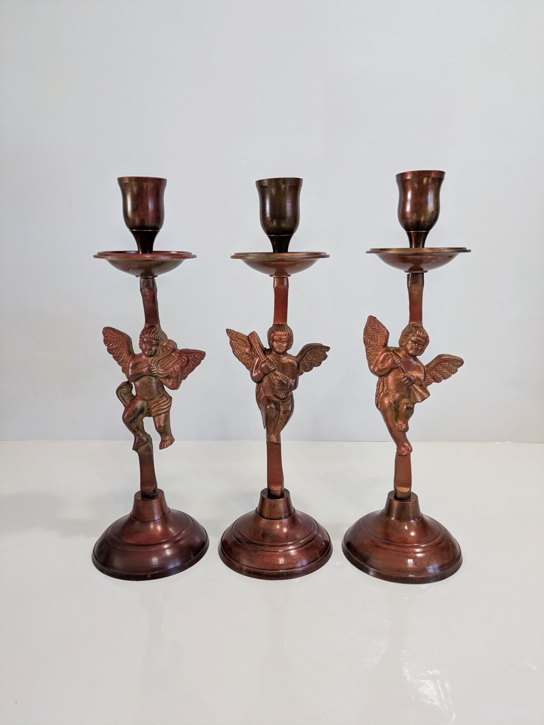 Cherub Candlestick Holders, Set of 3, Instruments, Solid Brass, Copper ...