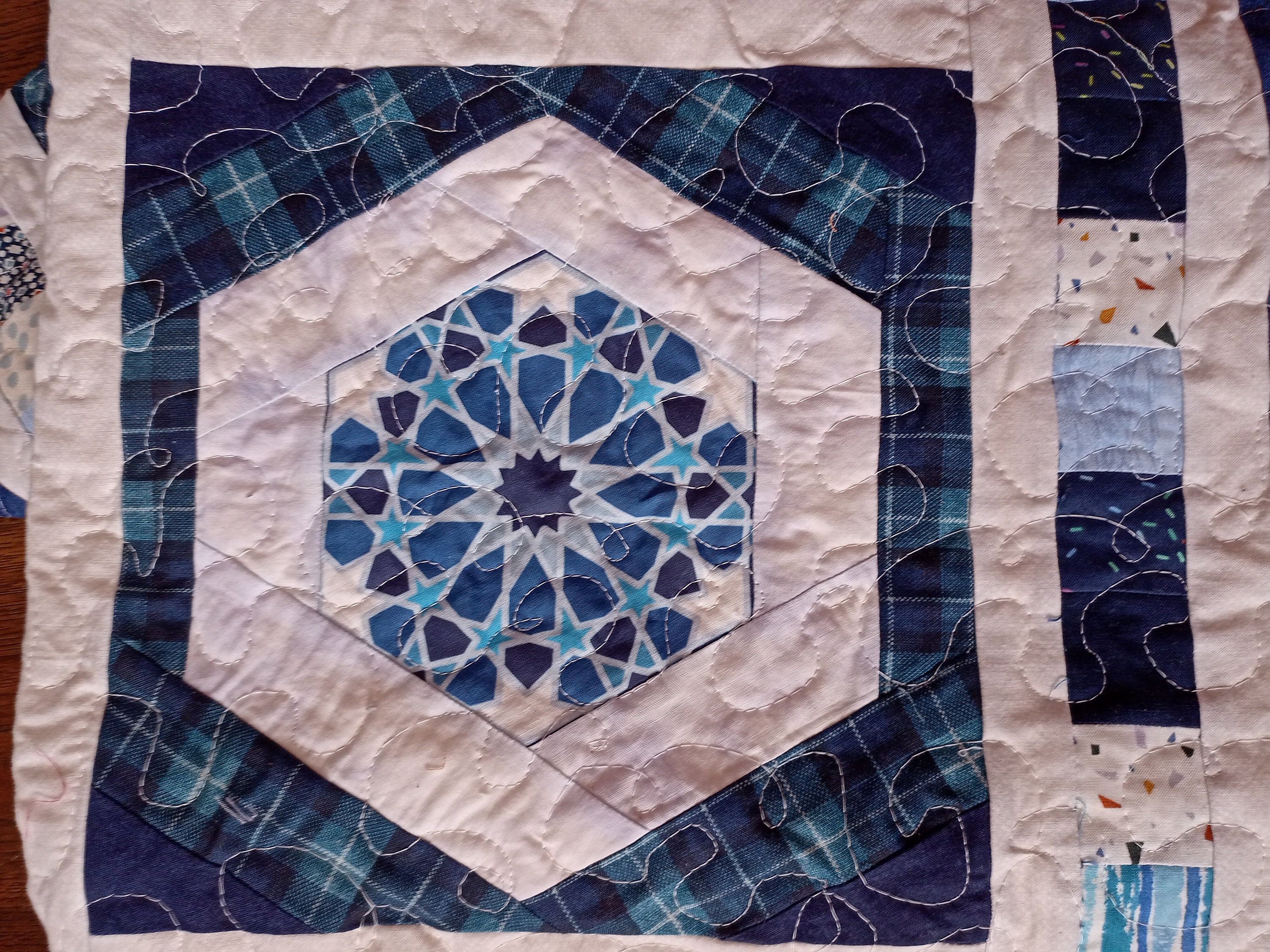 Islamic Geometric Hexagon Design Lap Quilt or Wall Hanging, Dark Blues ...