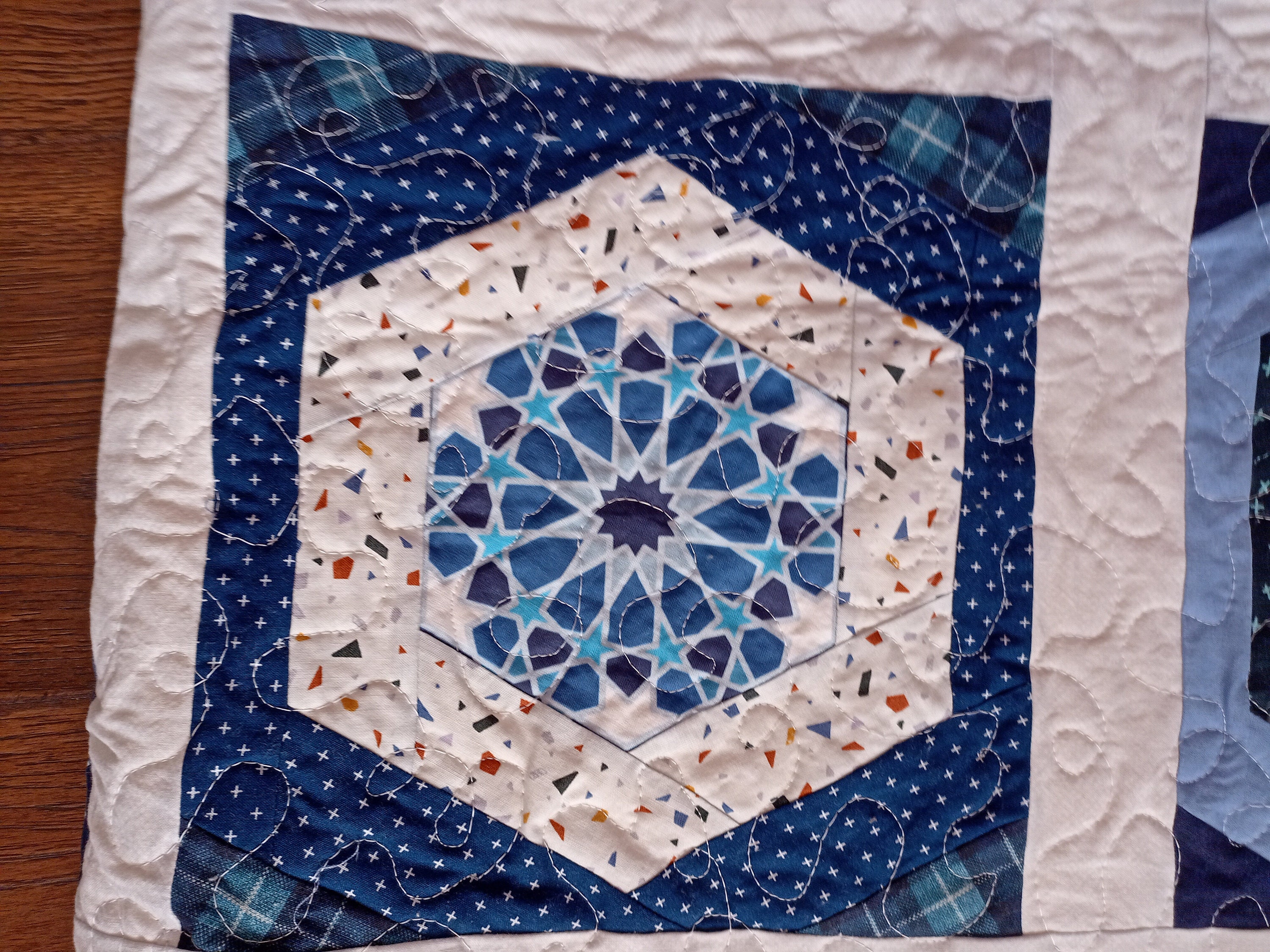 Islamic Geometric Hexagon Design Lap Quilt or Wall Hanging, Dark Blues ...