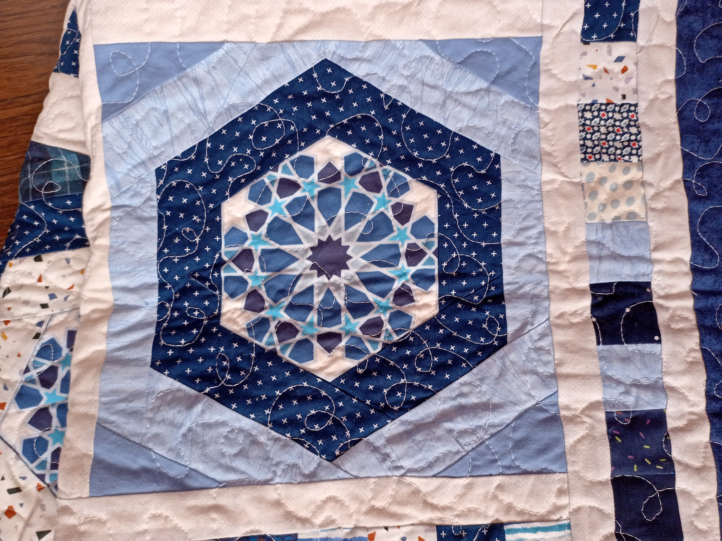 Islamic Geometric Hexagon Design Lap Quilt or Wall Hanging, Dark Blues ...