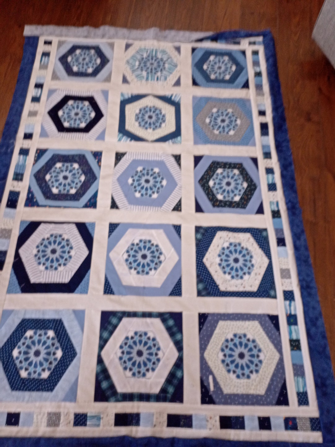 Islamic Geometric Hexagon Design Lap Quilt or Wall Hanging, Dark Blues ...