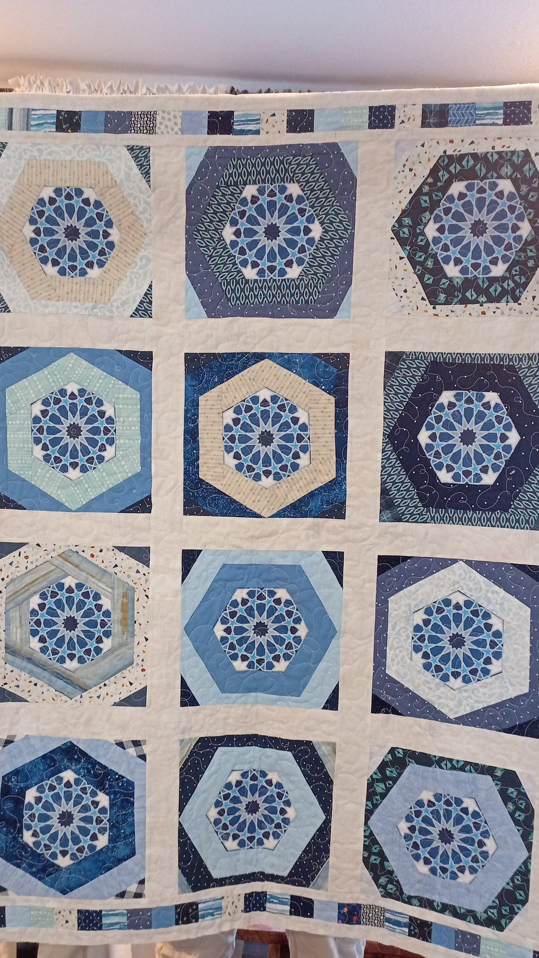 Islamic Geometric Hexagon Design Lap Quilt or Wall Hanging, Dark Blues ...