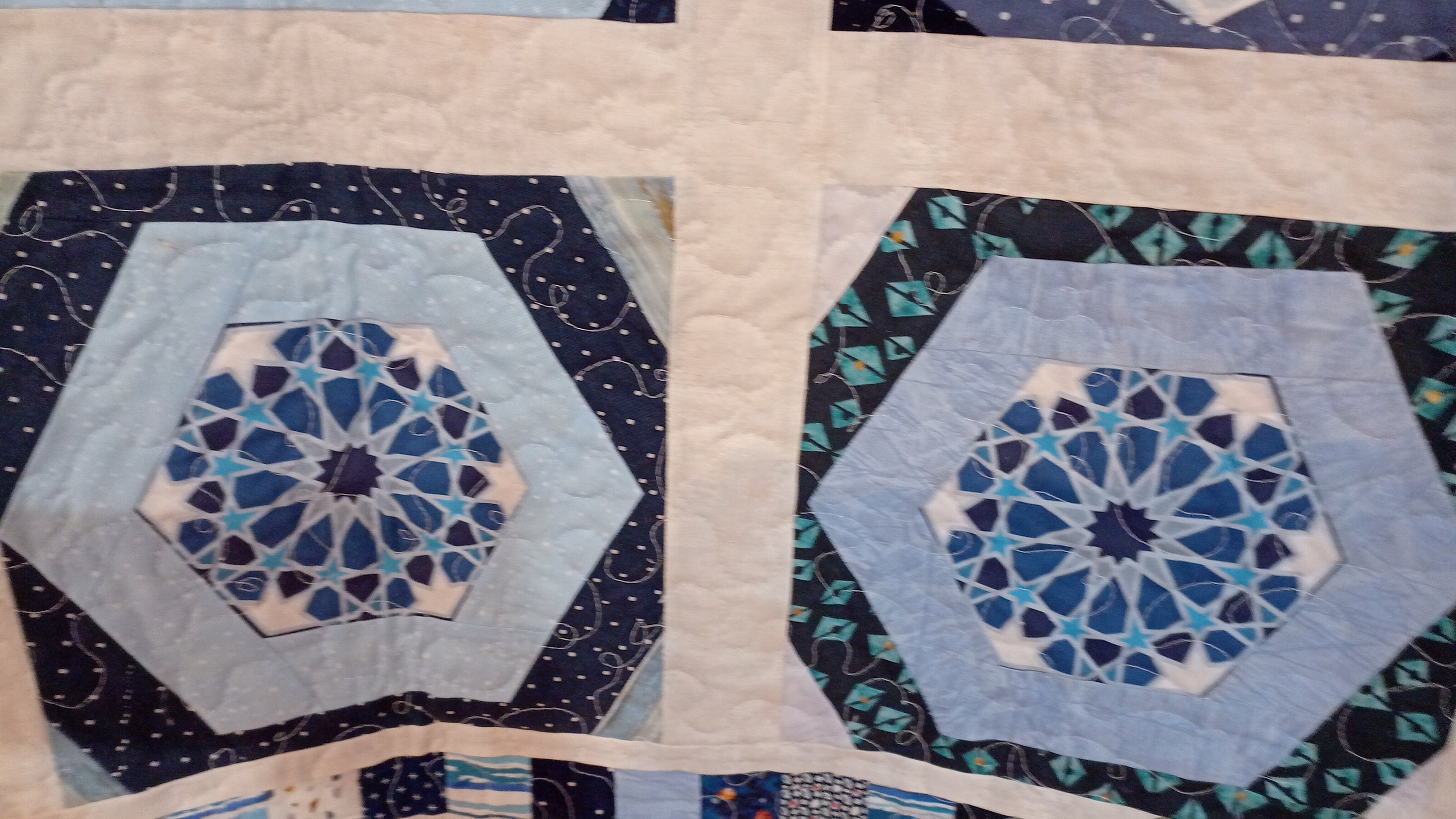 Islamic Geometric Hexagon Design Lap Quilt or Wall Hanging, Dark Blues ...