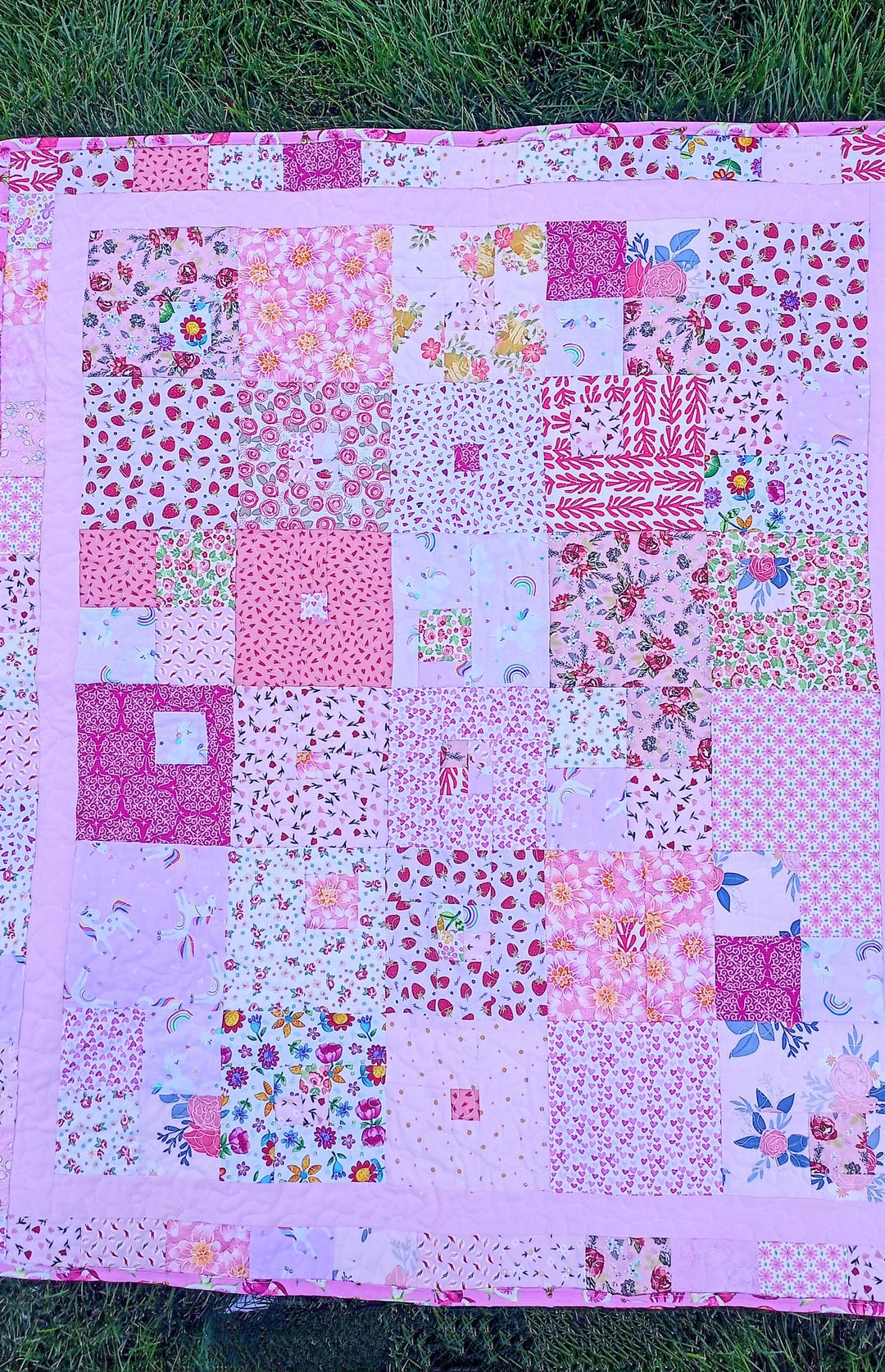Bold Pink Hip to Be Square Baby Quilt, 37"x42" Crib, Bassinet, Cradle ...