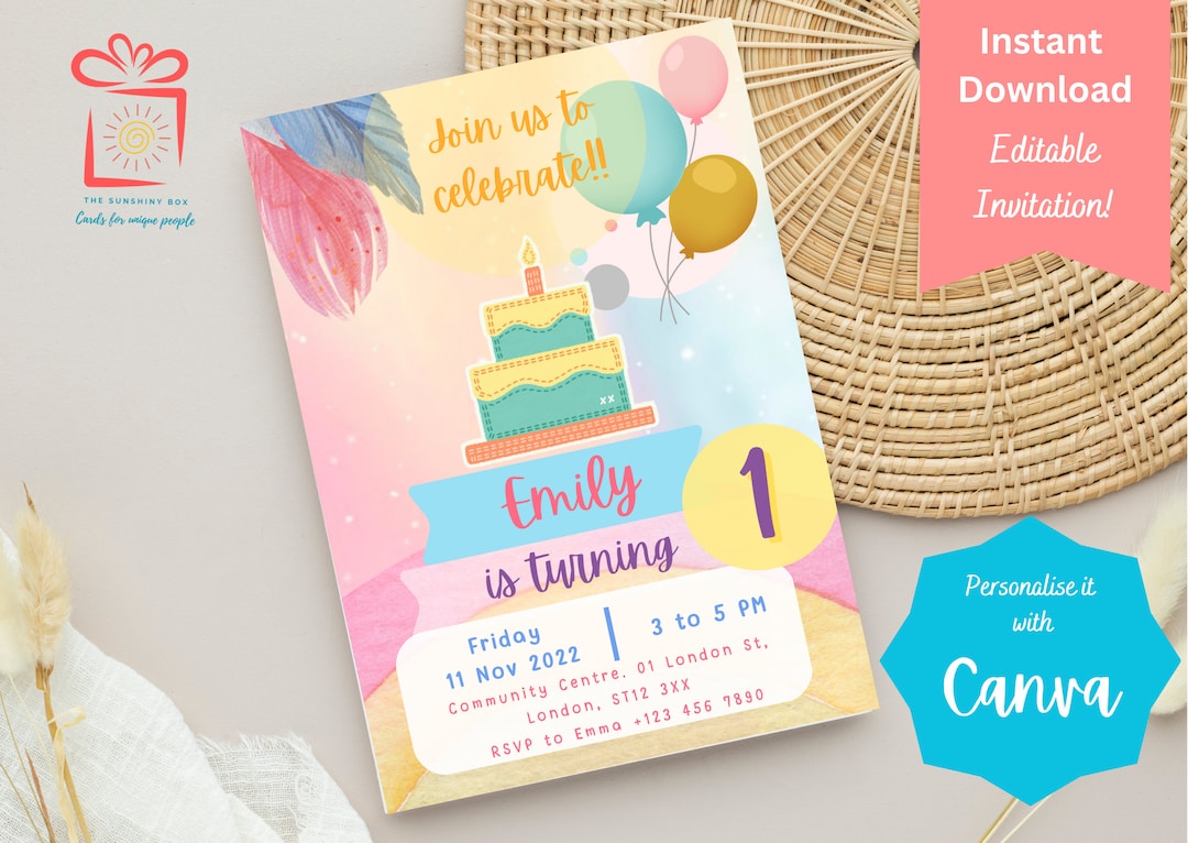 Editable First Birthday Invitation Template, Pastel Cake Balloons ...
