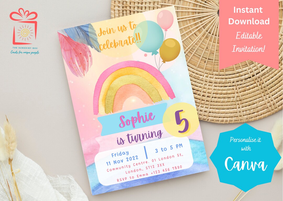 Editable Birthday Rainbow Invitation, Rainbow Invitation, Rainbow Party ...