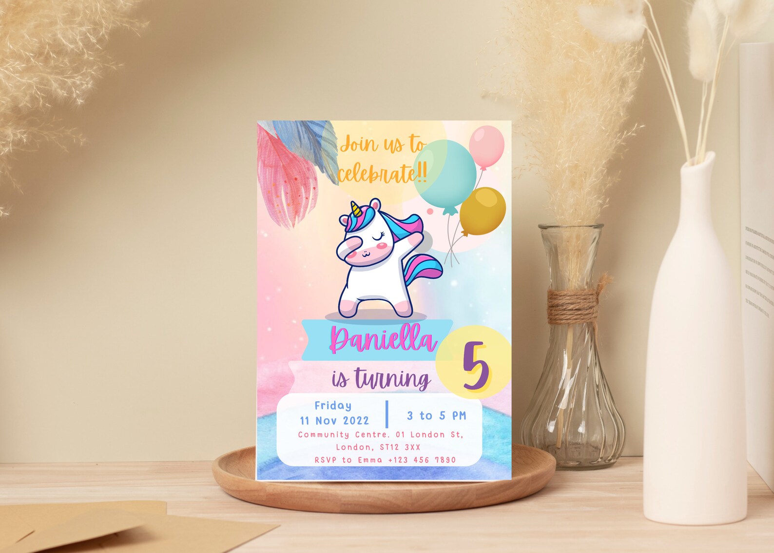Unicorn Birthday Invitation, Dancing Unicorn, Editable Canva Template ...