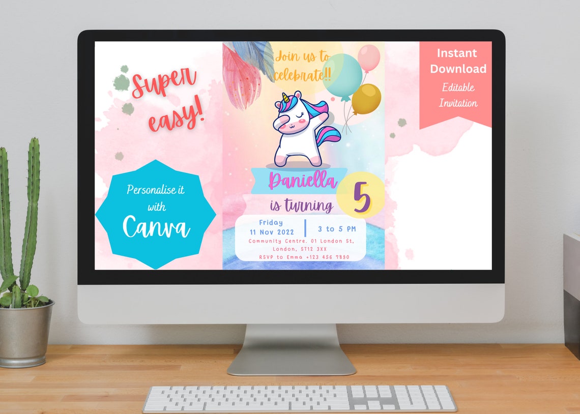 Unicorn Birthday Invitation, Dancing Unicorn, Editable Canva Template ...