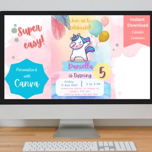Unicorn Birthday Invitation, Dancing Unicorn, Editable Canva Template ...