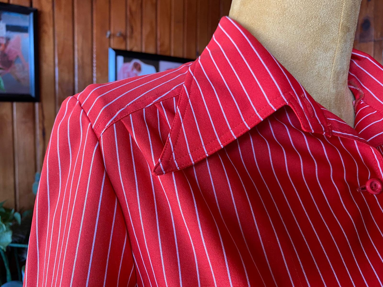 70s Bright Red Blouse With White Vertical Striped// Dagger Collar ...