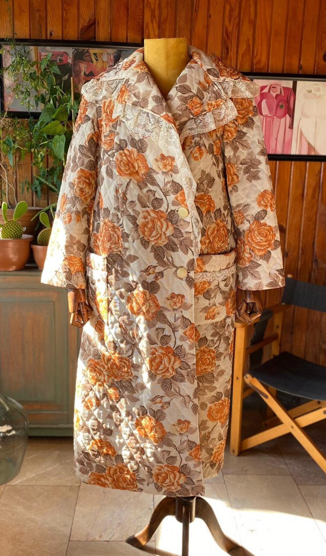 60s Quilted Dressing Gown, Vintage Housecoat With Autumnal Roses Print ...