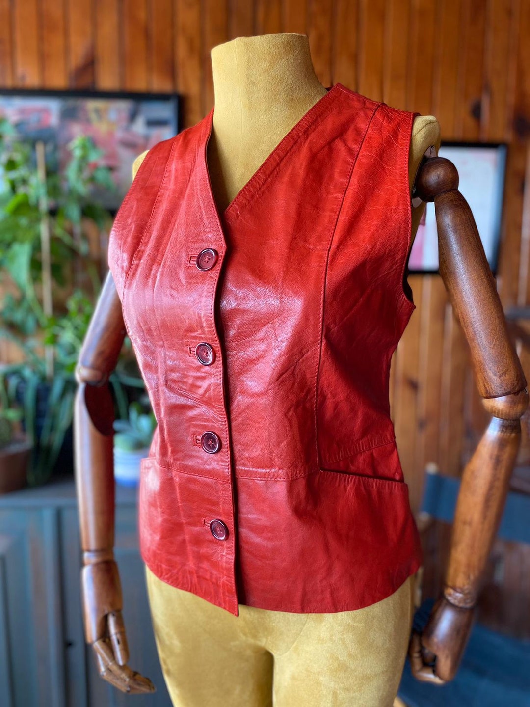 1970s Bright Red Leather Waistcoat- Size S - Etsy