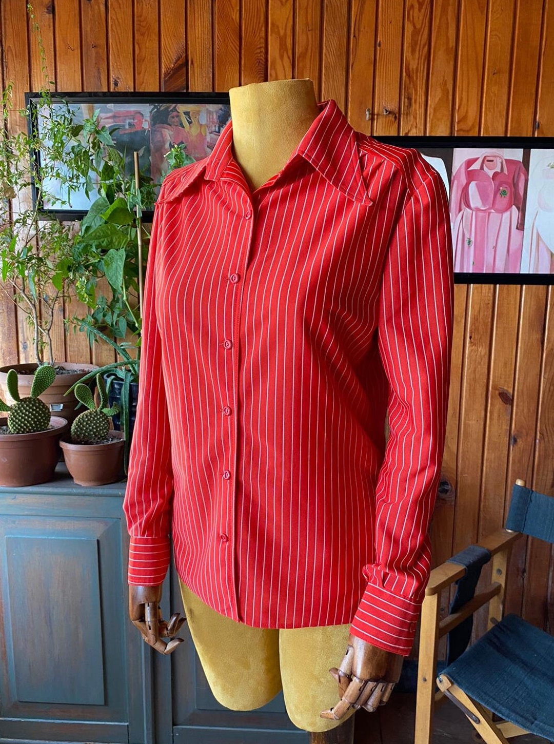 70s Bright Red Blouse With White Vertical Striped// Dagger Collar ...