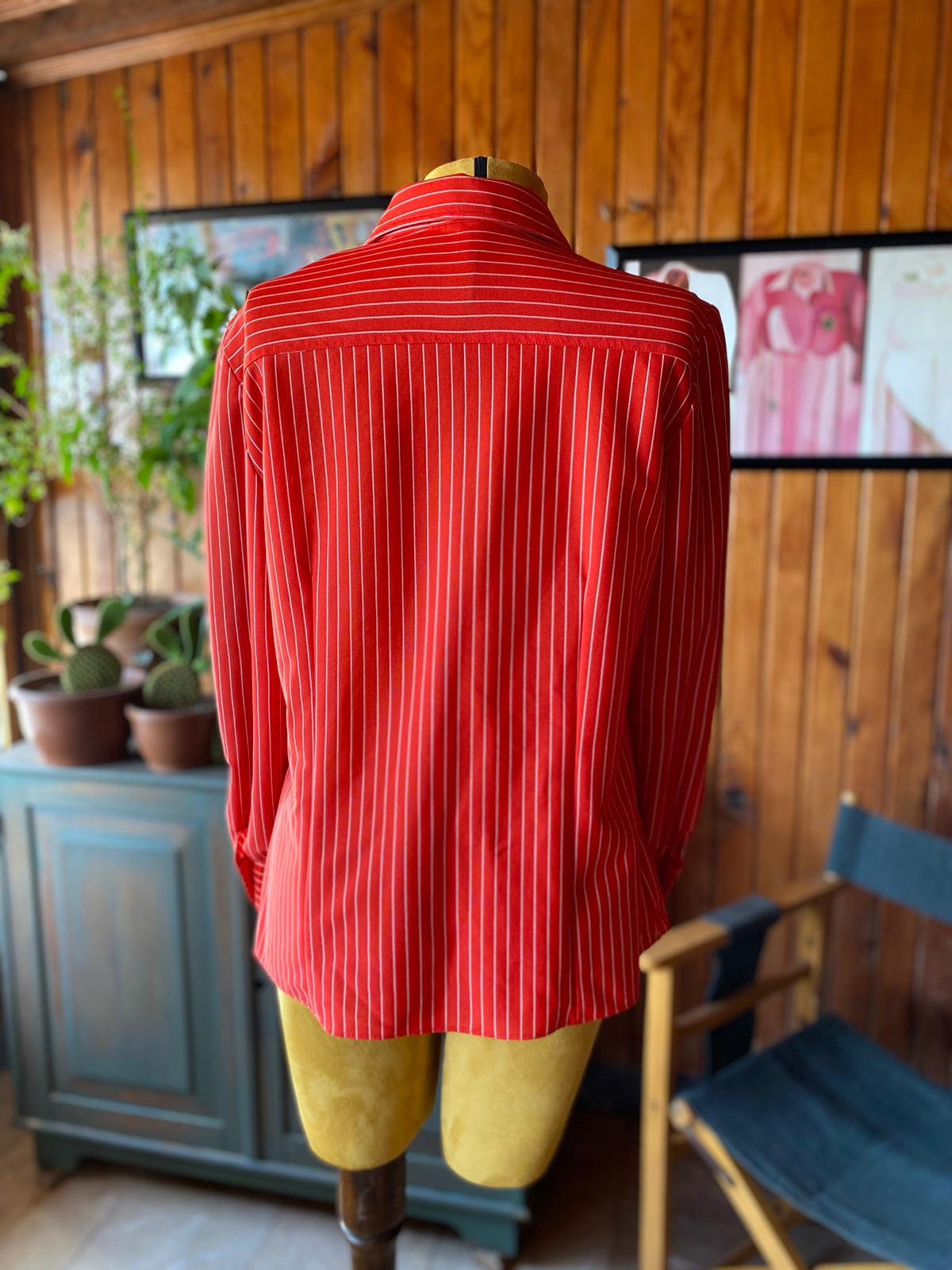 70s Bright Red Blouse With White Vertical Striped// Dagger Collar ...