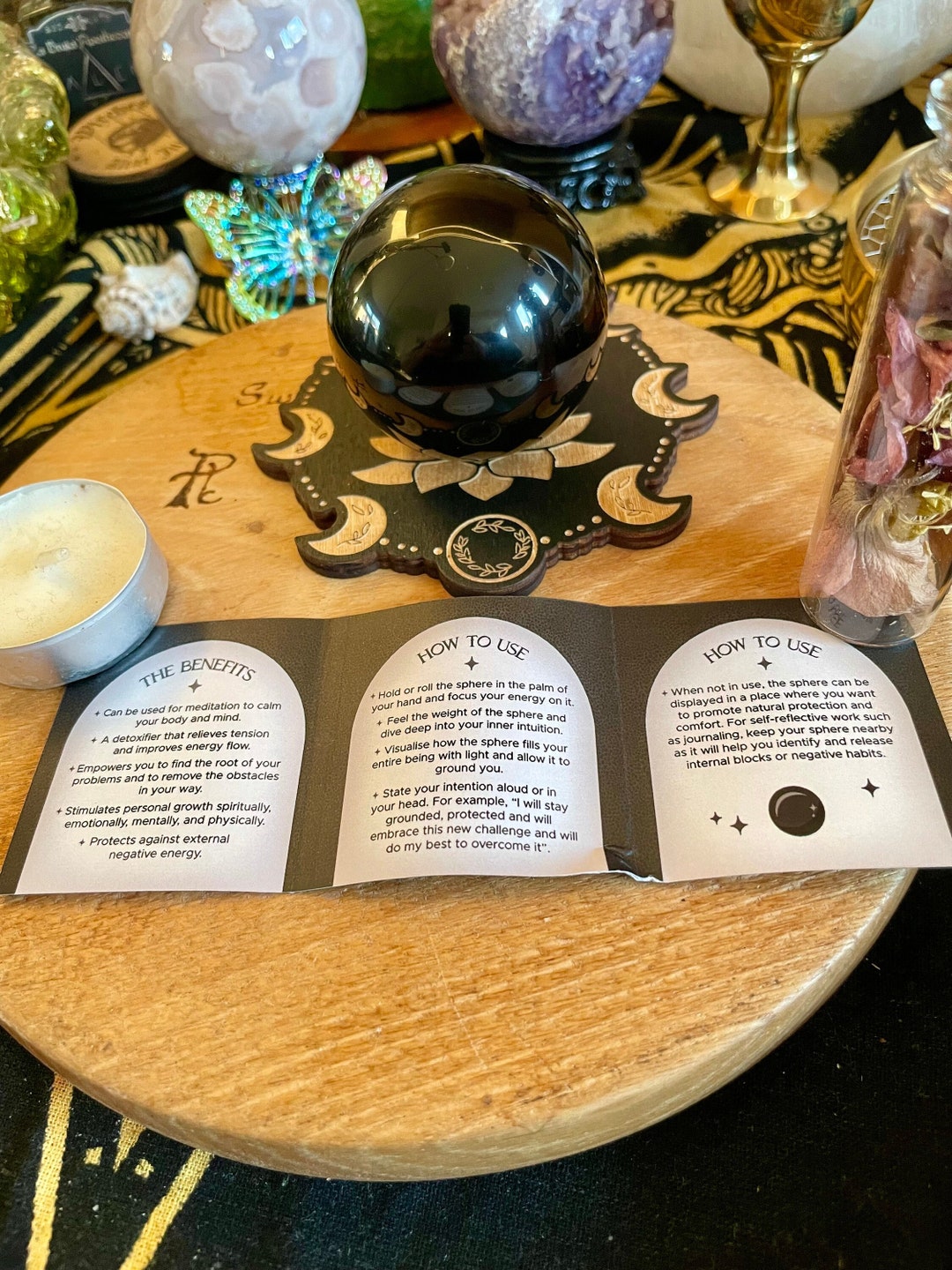 Obsidian Scrying Sphere and Sphere Holder Lotus Crystal Ball Witchy ...