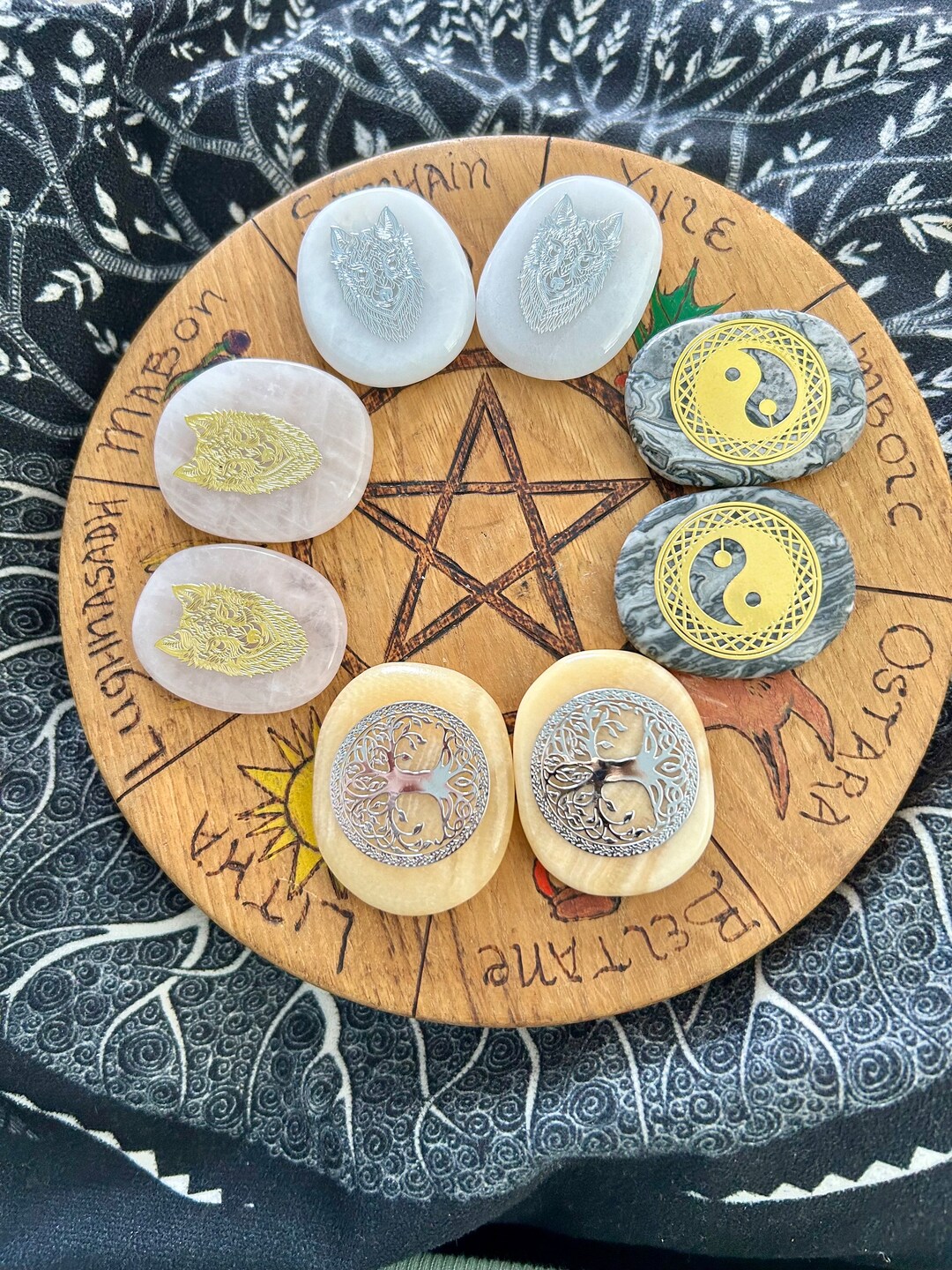 Wolf, Peace, Tree of Life Palm Stones Reiki Chakra Crystals Wicca Pagan ...