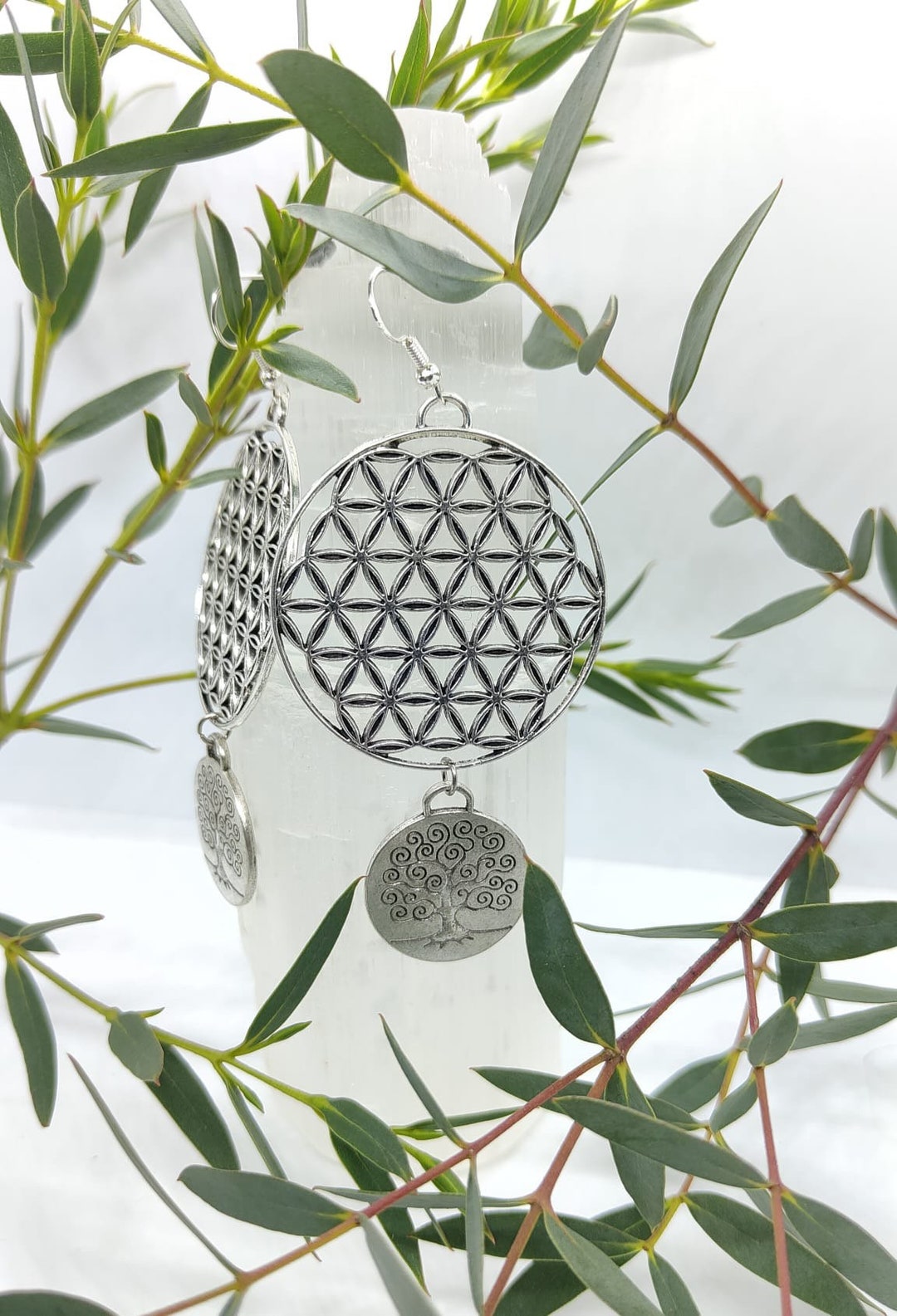 Large Flower of Life & Tree of Life Chandelier Earrings Wiccan Pagan ...
