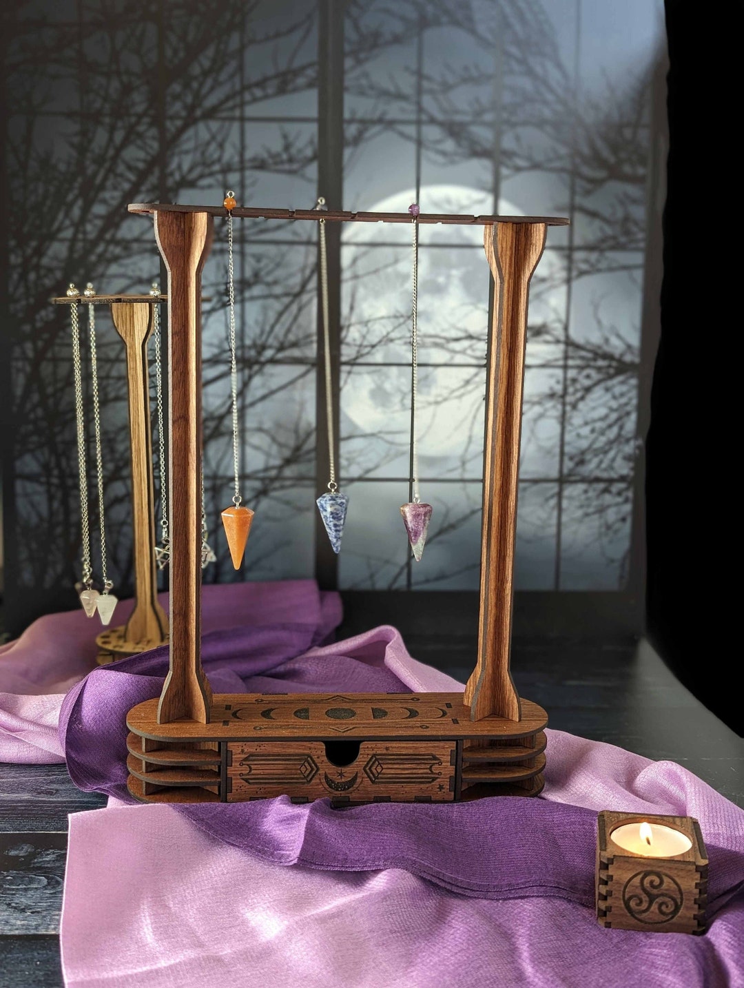 Wooden Pendulum Display Stand With Drawer: Moon Phase Dowsing Tool - Etsy