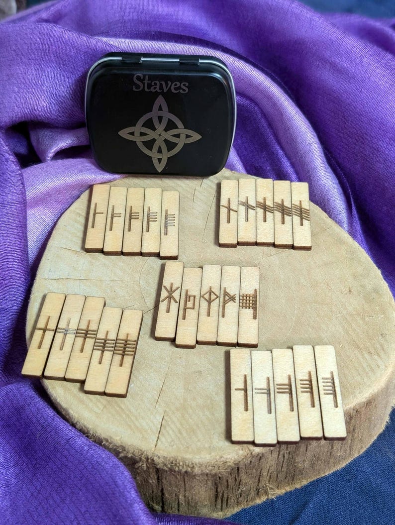 Mini Wooden Ogham Stave Set With Engraved Tin; Rune Divination ...