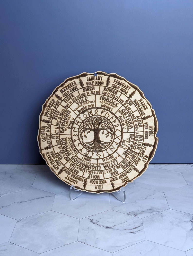 Celtic Tree Zodiac Wheel of the Year Rune Engraved Wood Calendar Hanging Calendar Desk Calendar ...