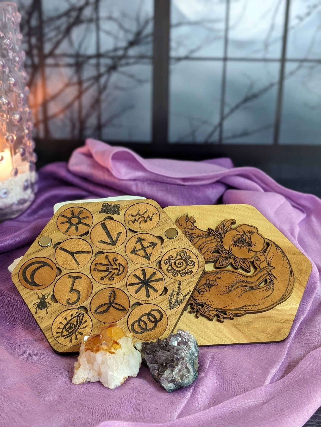 Wooden Witch Rune Set With Fox Storage Box Rune Divination Spiritual ...