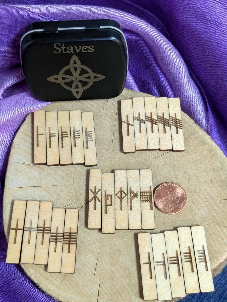 Mini Wooden Ogham Stave Set With Engraved Tin; Rune Divination ...