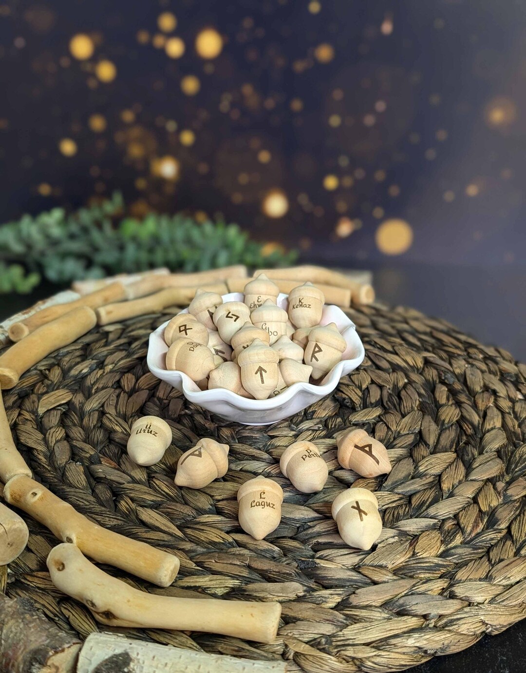 Engraved Acorn Elder Futhark Rune Stave Set Rune Divination Druid ...