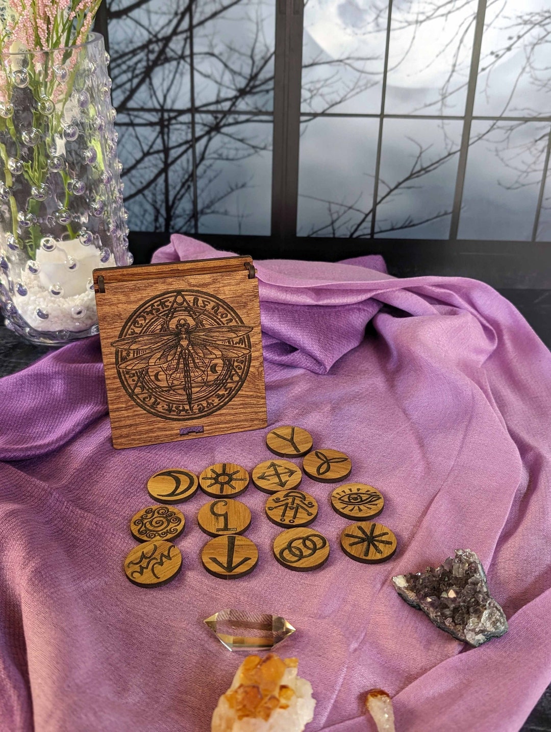 Wooden Witch Rune Set With Dragonfly Storage Box Rune Divination ...