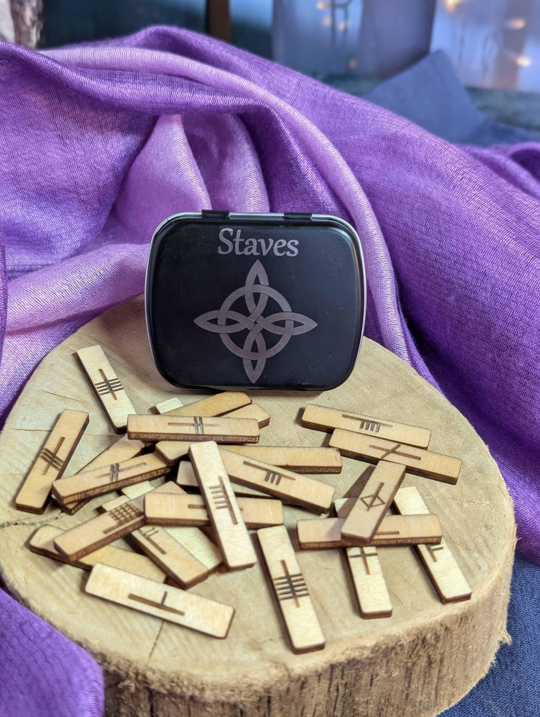 Mini Wooden Ogham Stave Set With Engraved Tin; Rune Divination ...