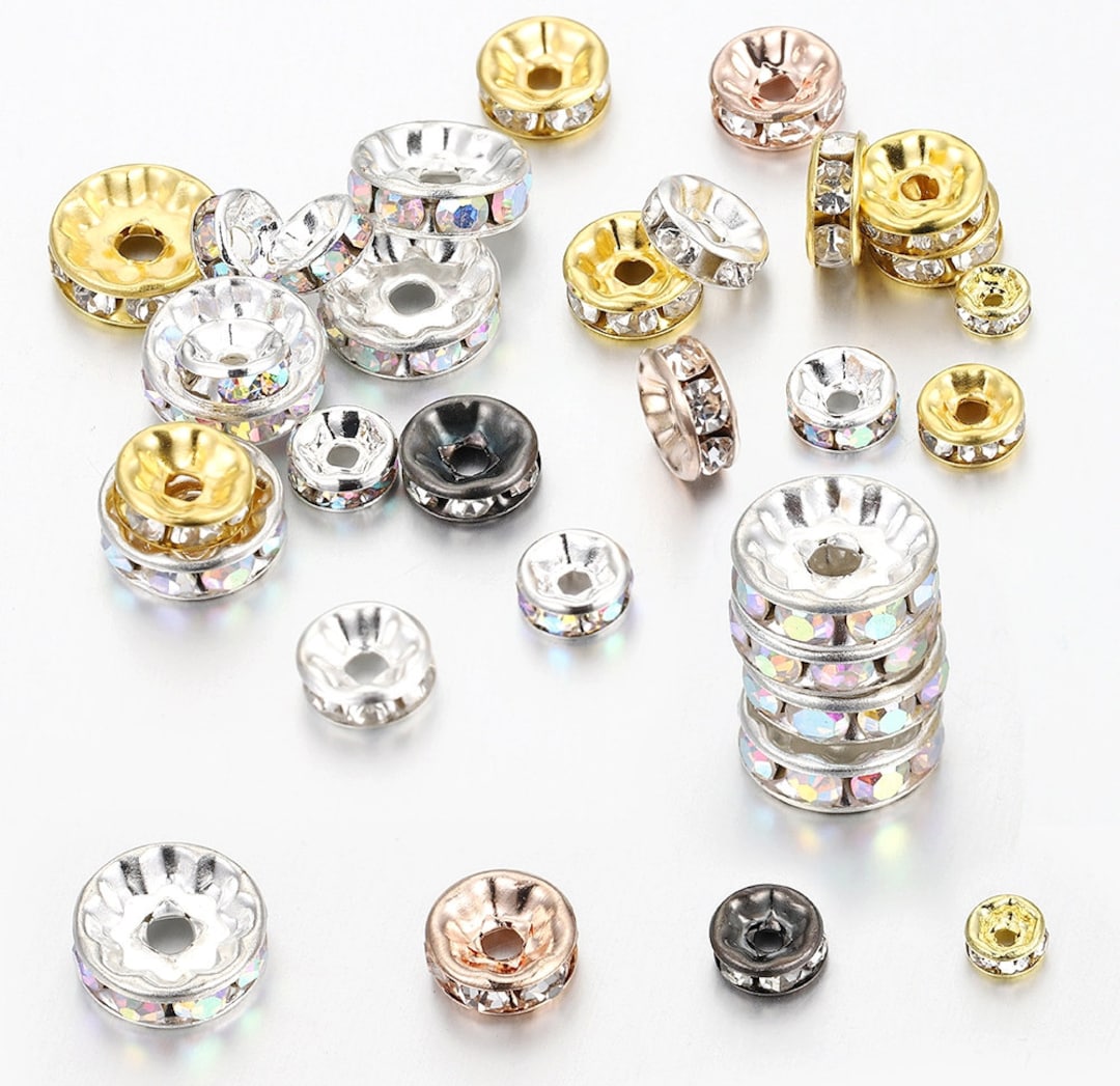 50pcs Assorted Colors Wheel Beads With Crystals, Round Clear Crystal ...