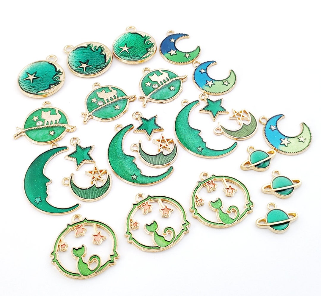 24pcs Set Cosmic Charms, Enamel Moon Pendant, Alloy Cat on Moon Pendant ...
