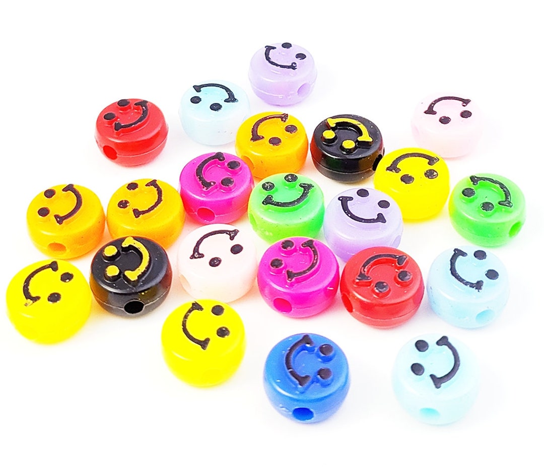 100pcs Smiley Face Beads, Mixed Colors Acrylic Happy Face Bead, Round ...