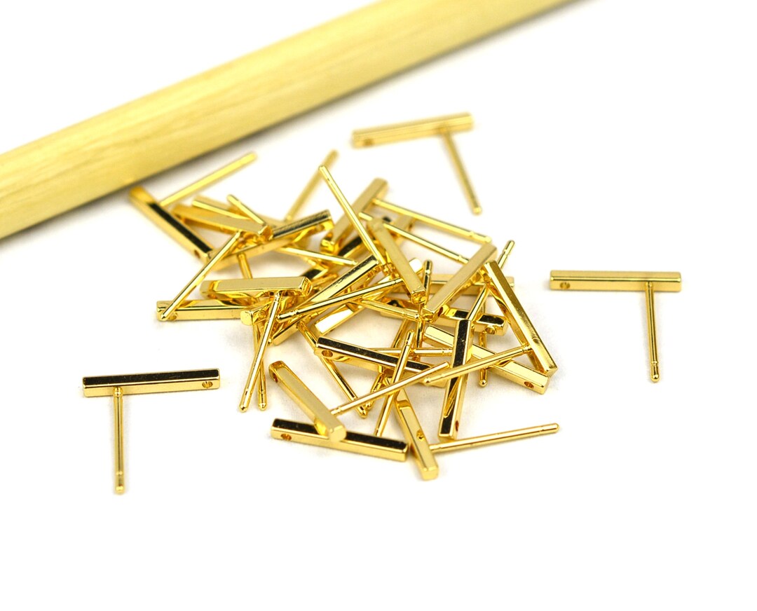 24K Real Gold Rectangle Earring Post Brass Mini Bar Earring Stud ...