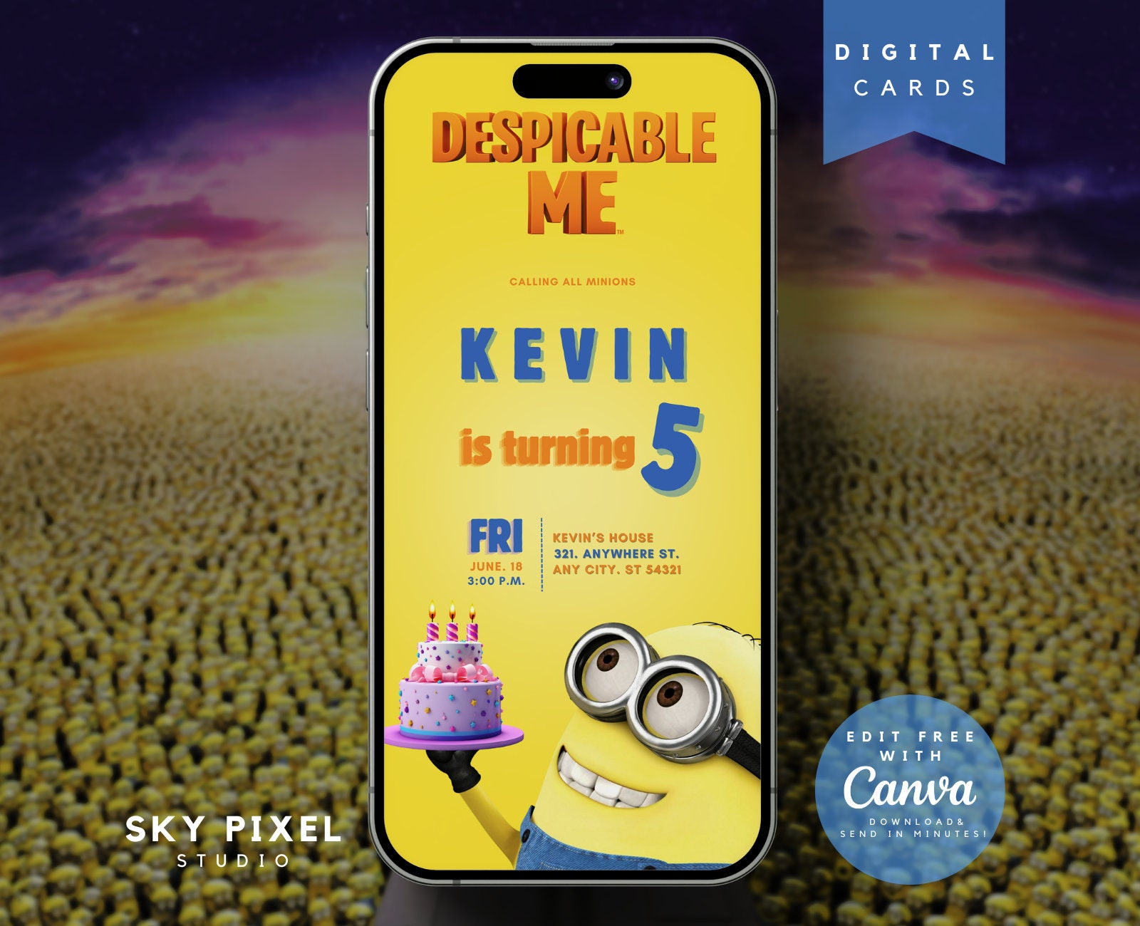 Editable Minions Despicable Me Birthday Invitation Kids Party Template ...